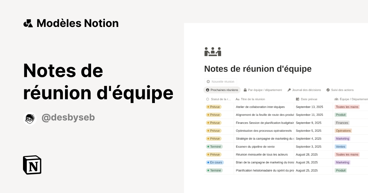Notes de réunion d'équipe | Modèle créé par desbyseb | Marketplace Notion