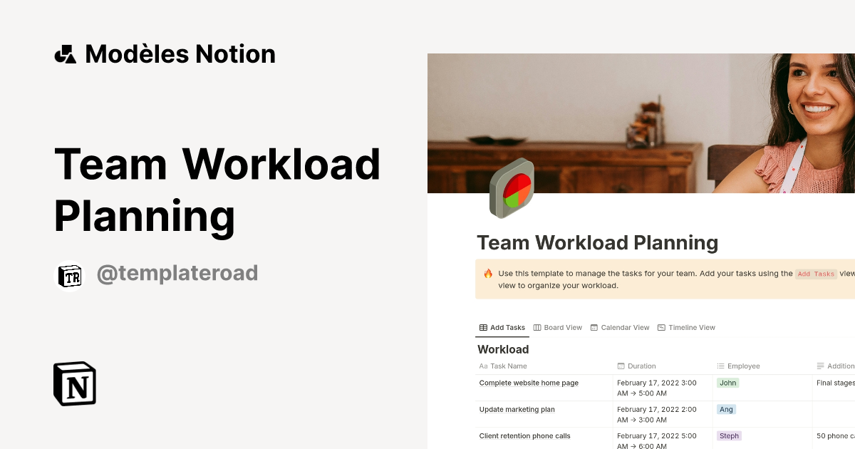 Team Workload Planning | Modèle créé par Template Road | Marketplace Notion