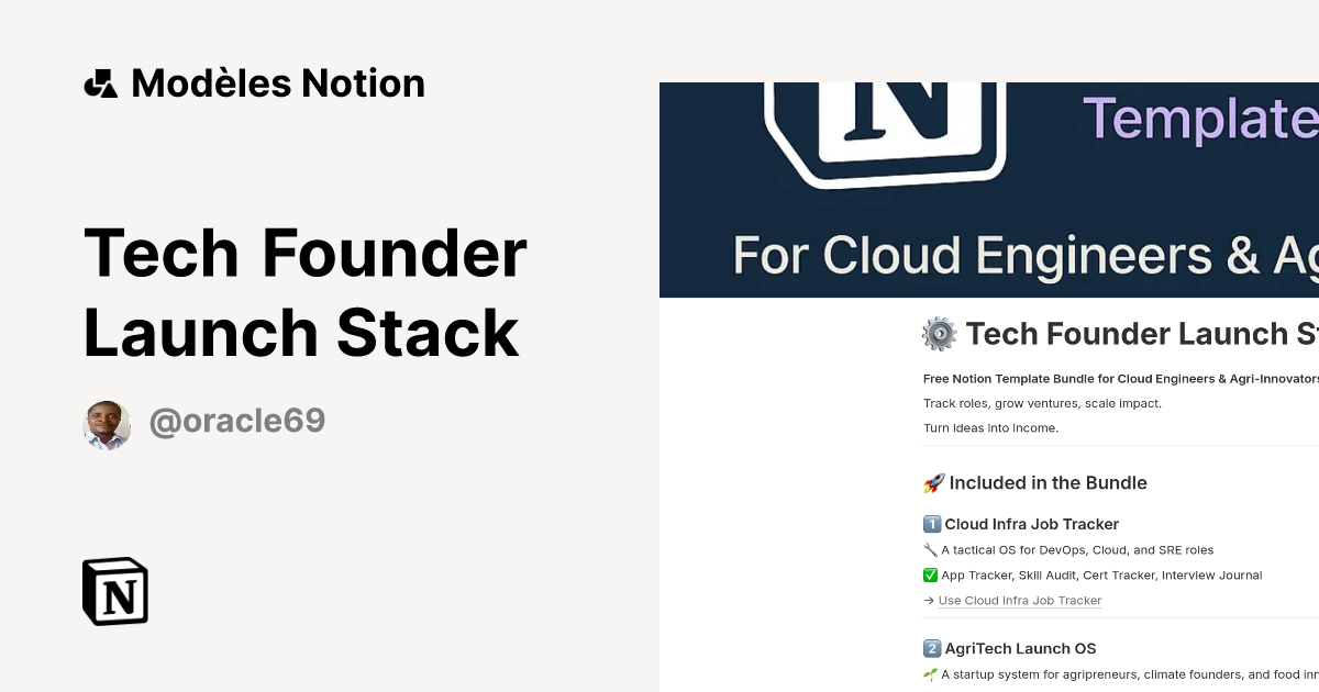 Tech Founder Launch Stack | Modèle créé par Oracle69 | Marketplace Notion