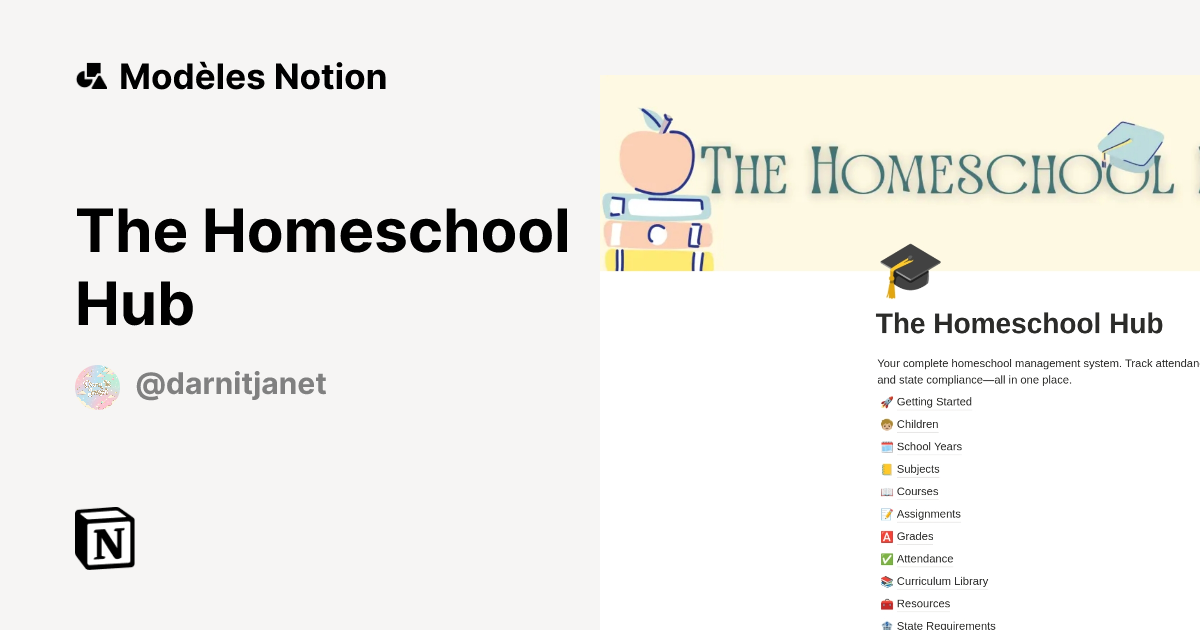 The Homeschool Hub | Modèle créé par DarnItJanet | Marketplace Notion