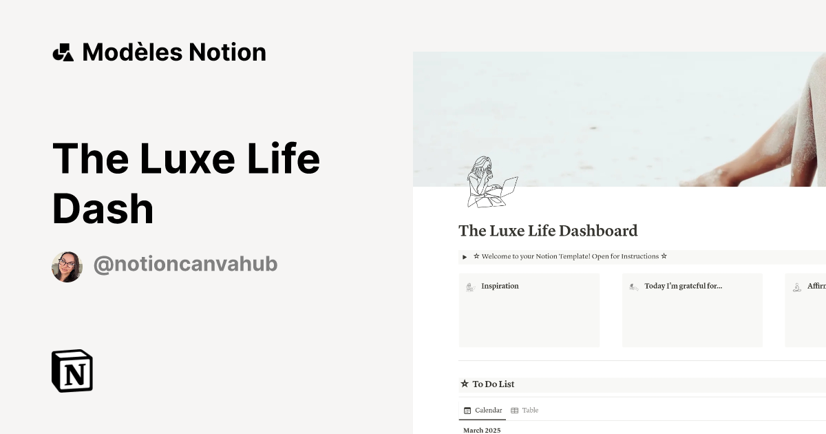 The Luxe Life Dash | Modèle créé par N&C Templates Hub | Marketplace Notion