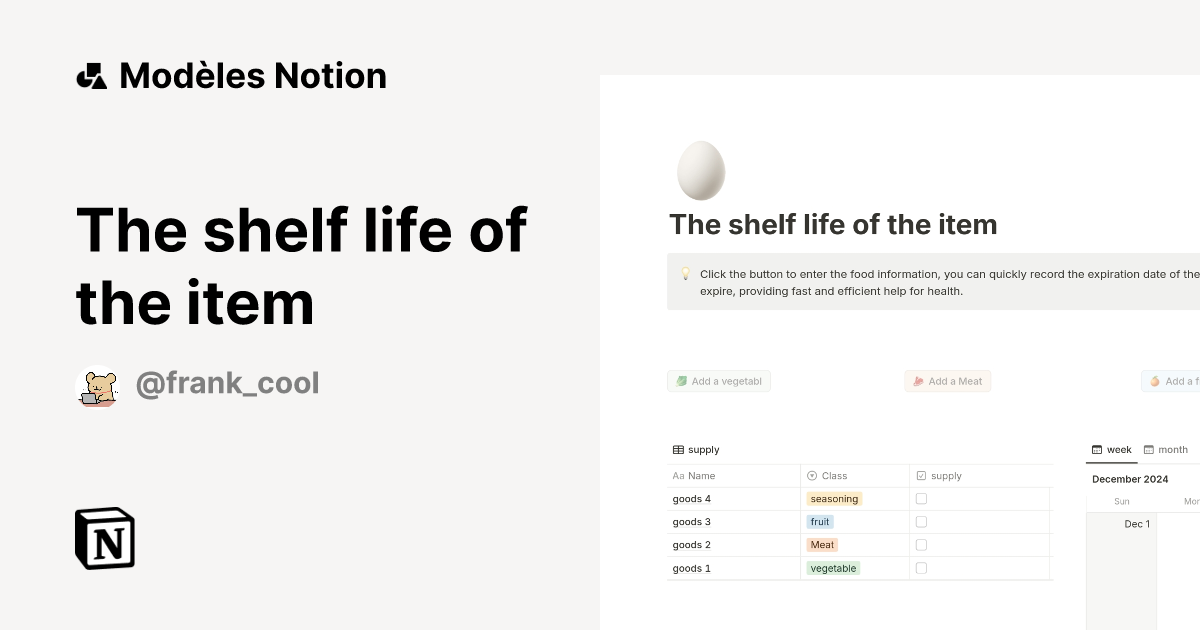 Modèle The shelf life of the item | Marketplace Notion