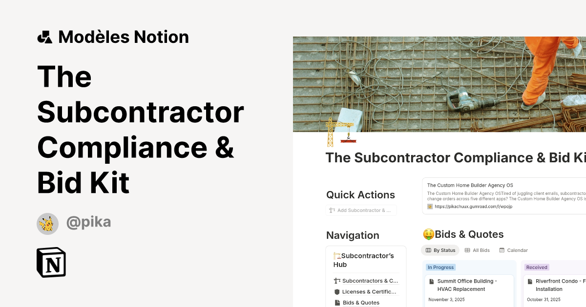 Modèle The Subcontractor Compliance & Bid Kit | Marketplace Notion