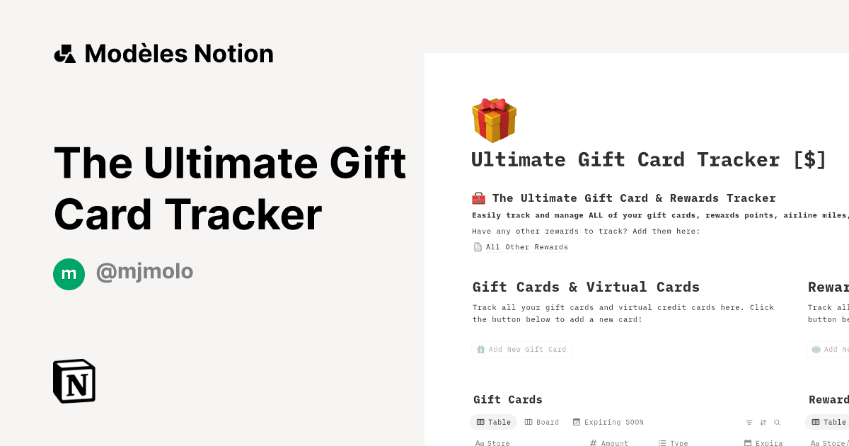 The Ultimate Gift Card Tracker | Modèle créé par Mike Moloney | Marketplace Notion