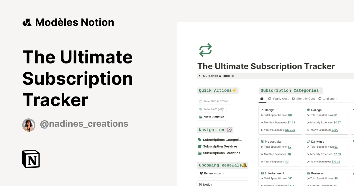 The Ultimate Subscription Tracker | Modèle créé par Nadine's Creations | Marketplace Notion
