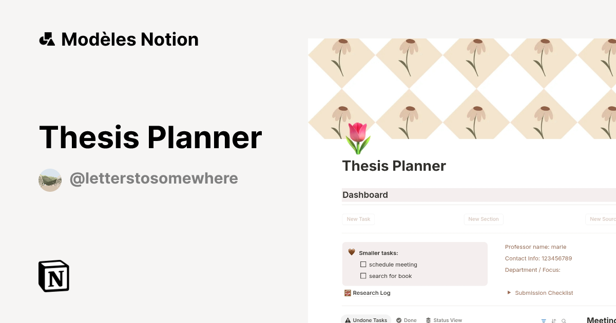 Thesis Planner | Modèle créé par Letters To Somewhere | Marketplace Notion