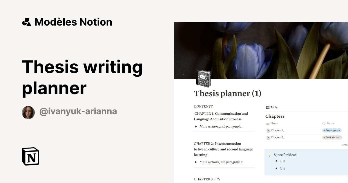 Thesis writing planner | Modèle créé par Ivanyuk Arianna | Marketplace Notion