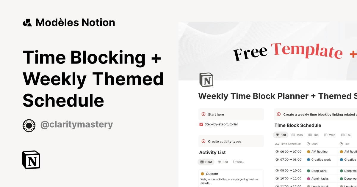 Modèle Time Blocking + Weekly Themed Schedule | Marketplace Notion