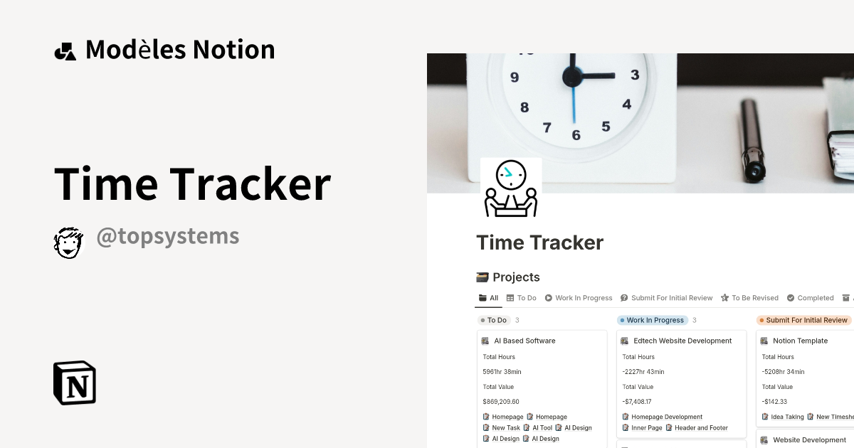 Time Tracker | Modèle créé par TopSystems.io | Marketplace Notion