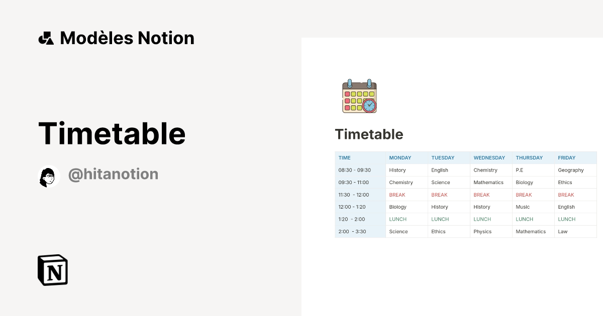Timetable | Modèle créé par HitaNotion | Marketplace Notion