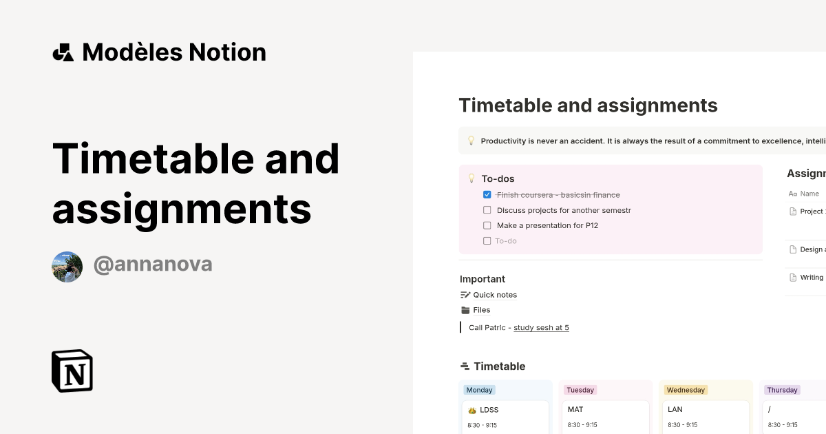 Modèle Timetable and assignments | Marketplace Notion