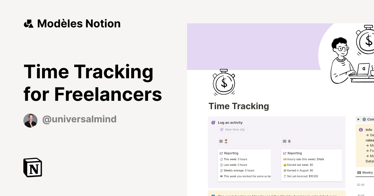 Time Tracking for Freelancers | Modèle créé par Pascal Raabe | Marketplace Notion