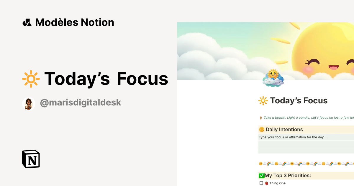🔆 Today’s Focus | Modèle créé par Mari’s Digital Desk | Marketplace Notion