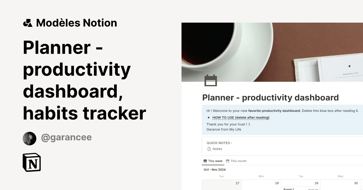 Modèle Planner - productivity dashboard, habits tracker | Marketplace ...