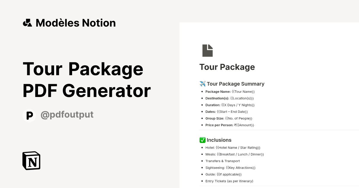 Tour Package PDF Generator | Modèle créé par PDFOutput | Marketplace Notion