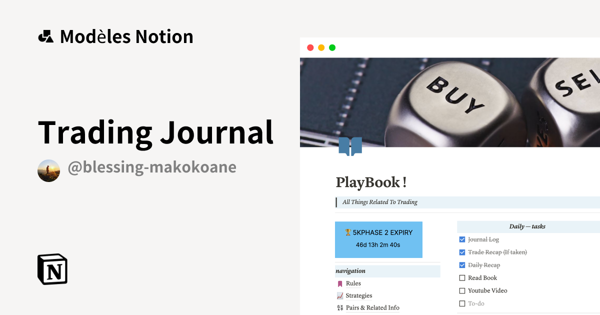 Trading Journal | Modèle créé par Blessing Makokoane | Marketplace Notion
