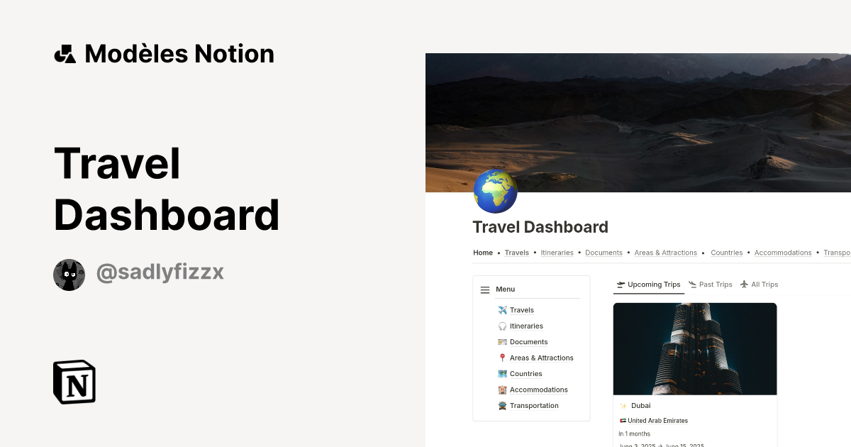 Travel Dashboard | Modèle créé par Ziad Creations | Marketplace Notion
