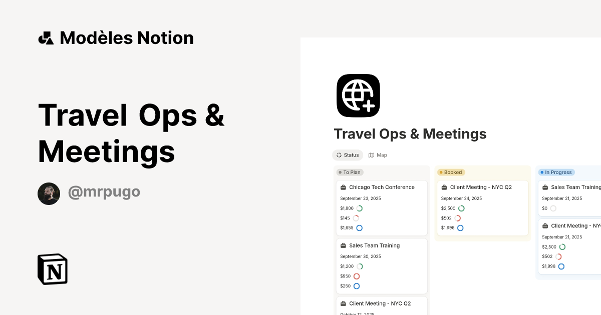 Travel Ops & Meetings | Modèle créé par mrpugo | Marketplace Notion
