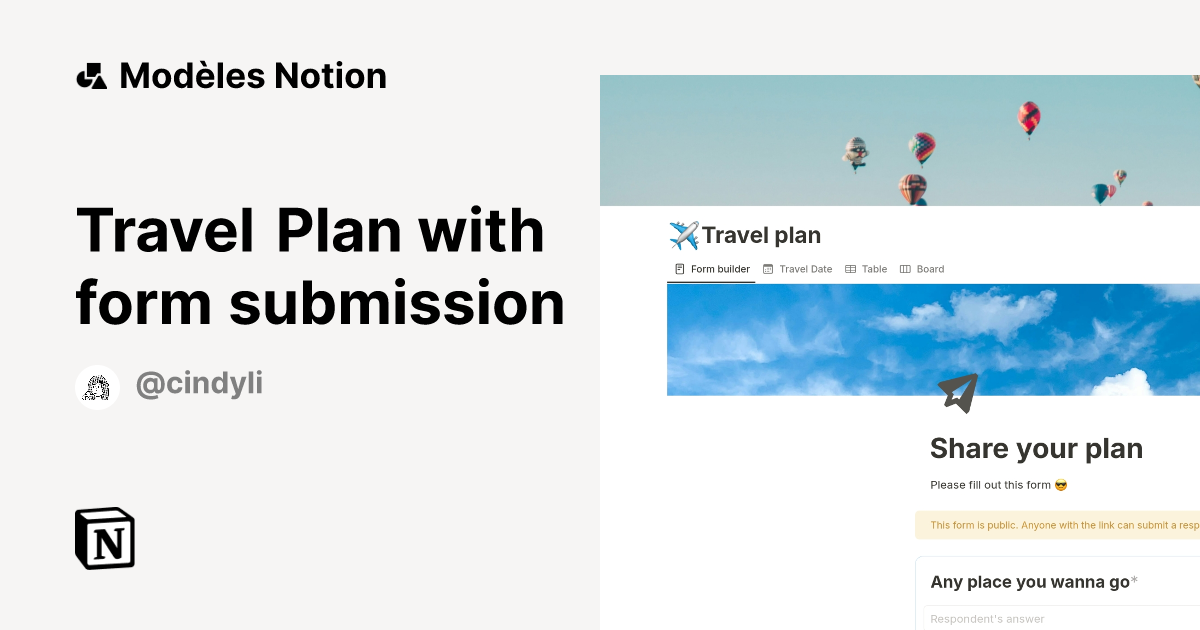 Modèle Travel Plan with form submission | Marketplace Notion