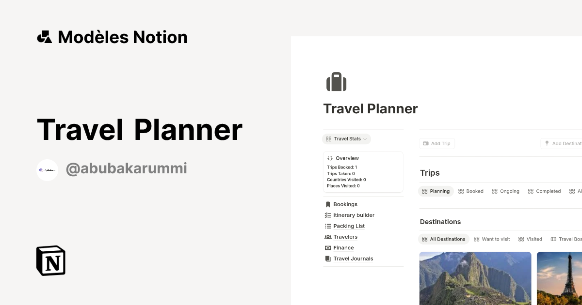 Travel Planner | Modèle créé par MyHueDesigns | Marketplace Notion