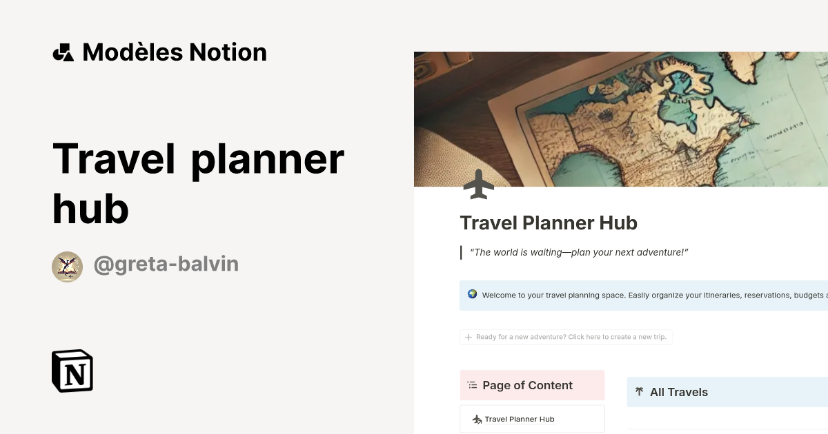 Modèle Travel planner hub | Marketplace Notion