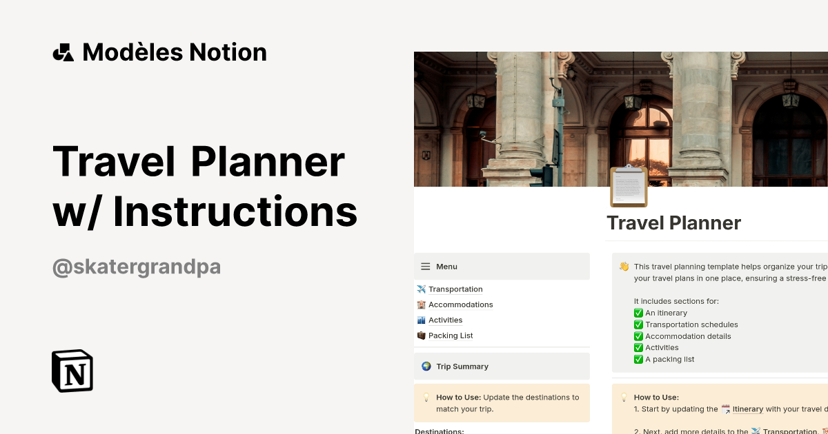 Modèle Travel Planner w/ Instructions | Marketplace Notion