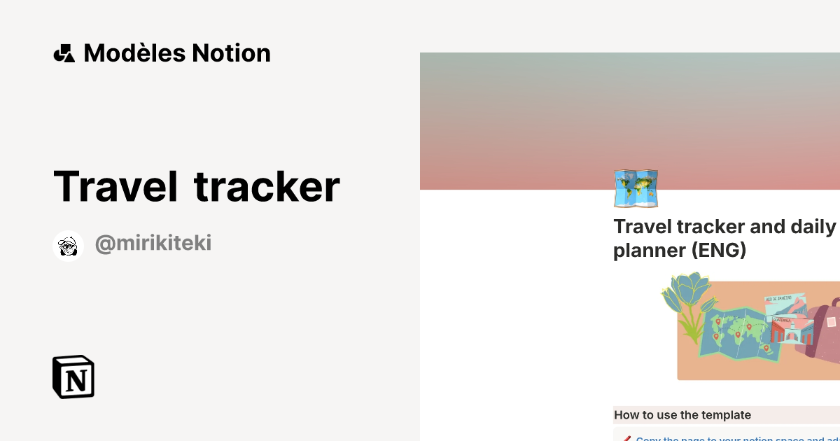 Travel tracker | Modèle créé par Miri Creates | Marketplace Notion