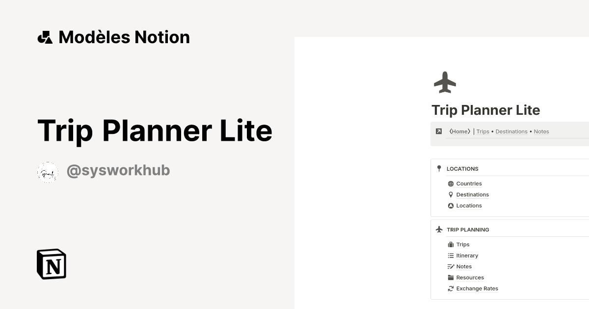 Trip Planner Lite | Modèle créé par Syswork Hub | Marketplace Notion