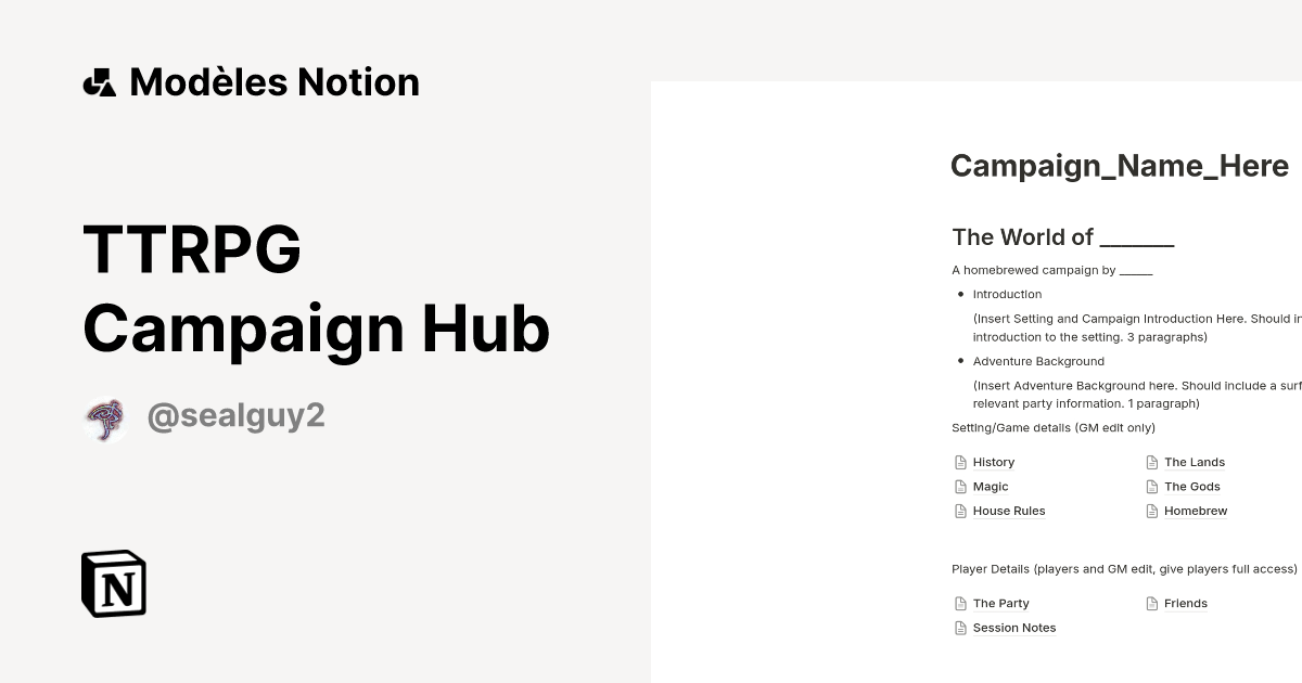 Modèle TTRPG Campaign Hub | Marketplace Notion