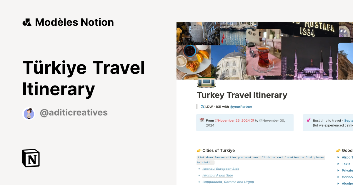 Modèle Türkiye Travel Itinerary | Marketplace Notion