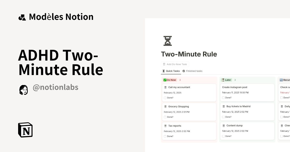 Modèle ADHD Two-Minute Rule | Marketplace Notion