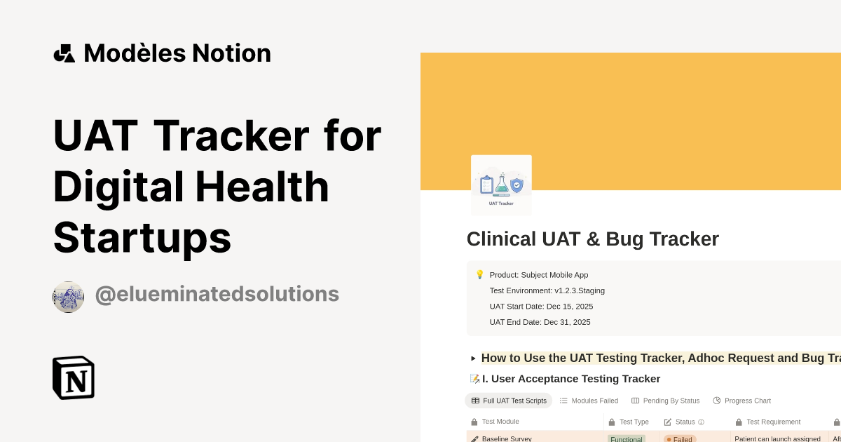 Modèle UAT Tracker for Digital Health Startups | Marketplace Notion