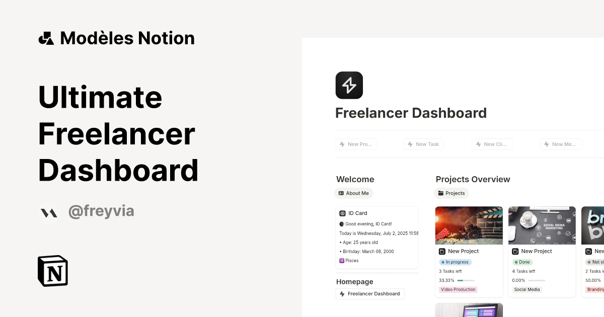 Ultimate Freelancer Dashboard | Modèle créé par Freyvia | Marketplace Notion