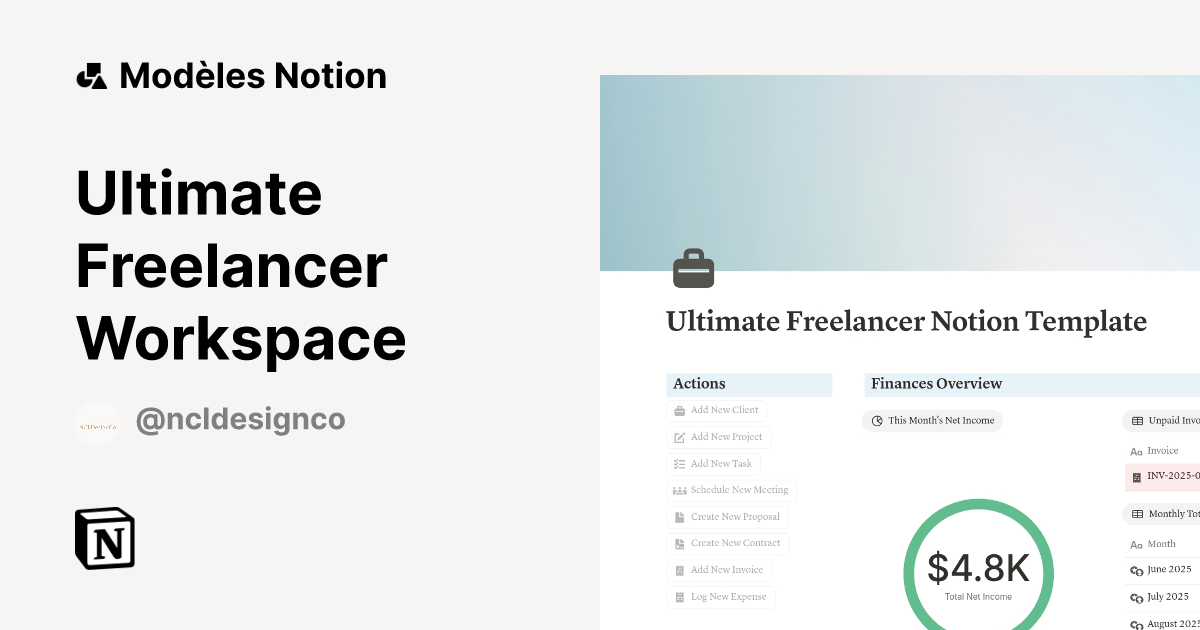 Ultimate Freelancer Workspace | Modèle créé par NCLDesignCo | Marketplace Notion
