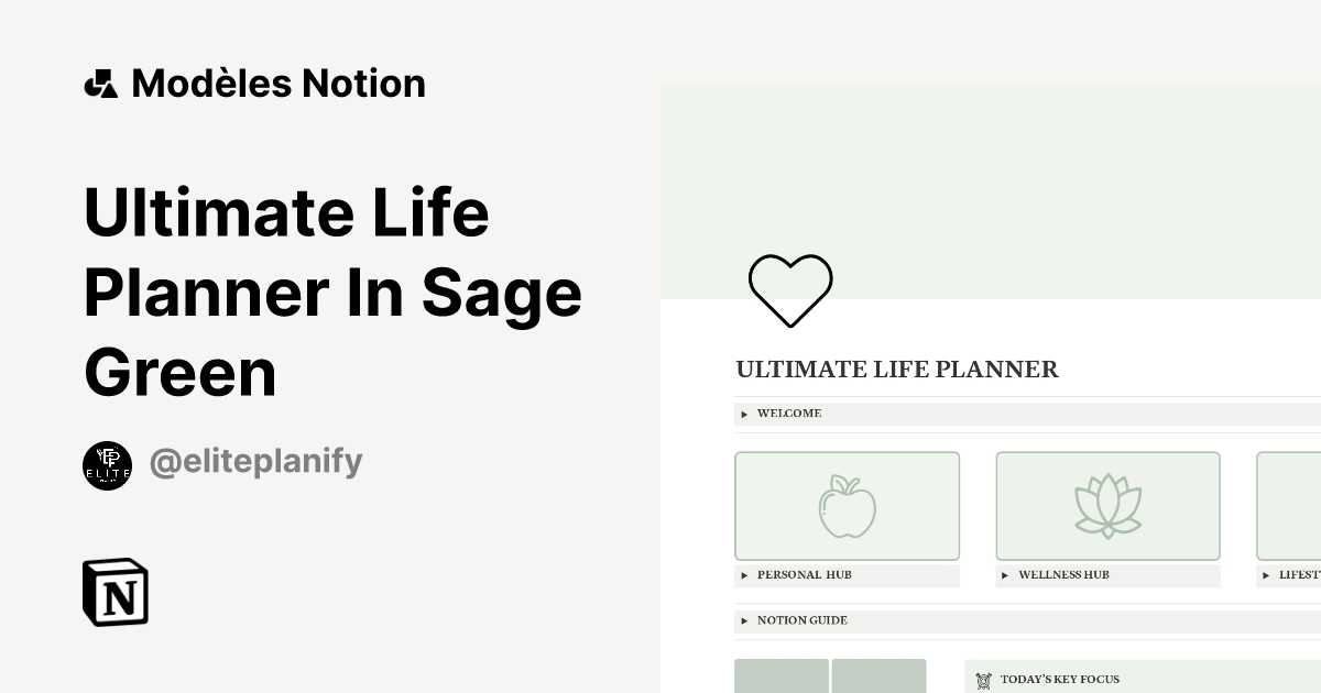 Ultimate Life Planner In Sage Green | Modèle créé par Elite Planify | Marketplace Notion