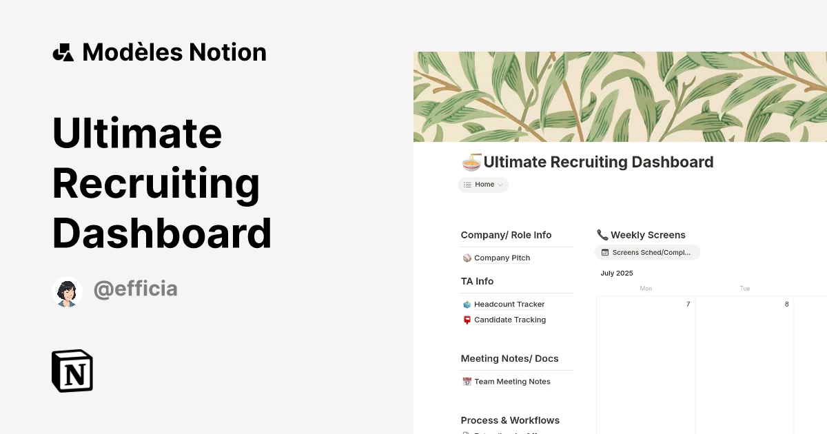 Ultimate Recruiting Dashboard | Modèle créé par Efficia | Marketplace Notion