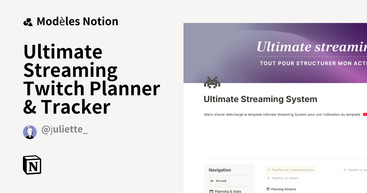 Modèle Ultimate Streaming Twitch Planner & Tracker | Marketplace Notion