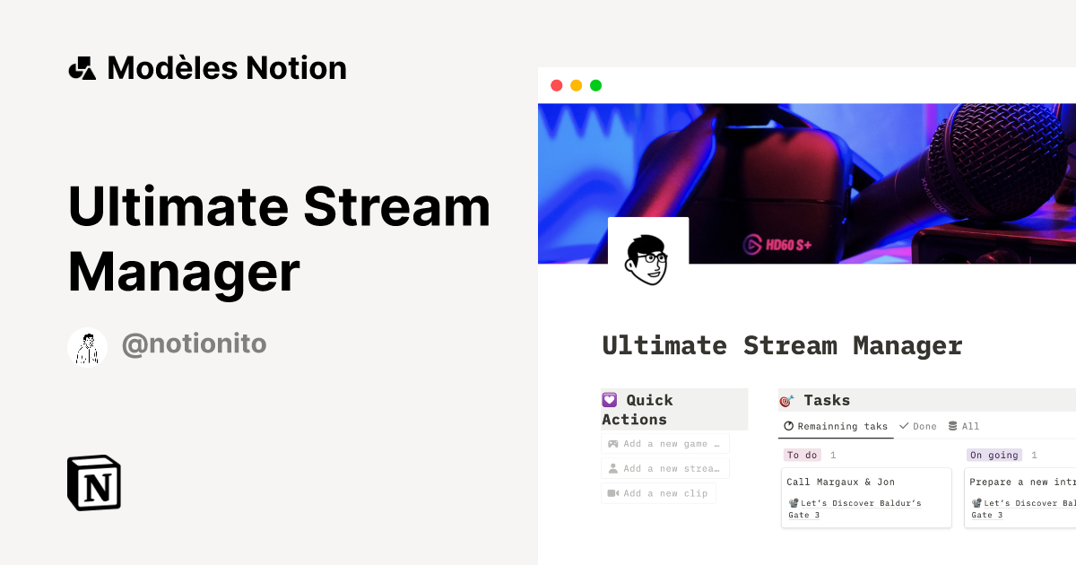 Ultimate Stream Manager | Modèle créé par Notionito | Marketplace Notion
