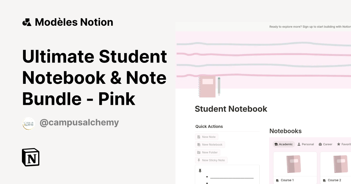 Modèle Ultimate Student Notebook & Note Bundle - Pink | Marketplace Notion