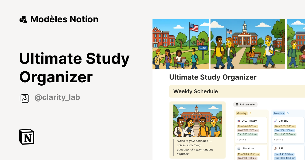 Ultimate Study Organizer | Modèle créé par Clarity Lab | Marketplace Notion