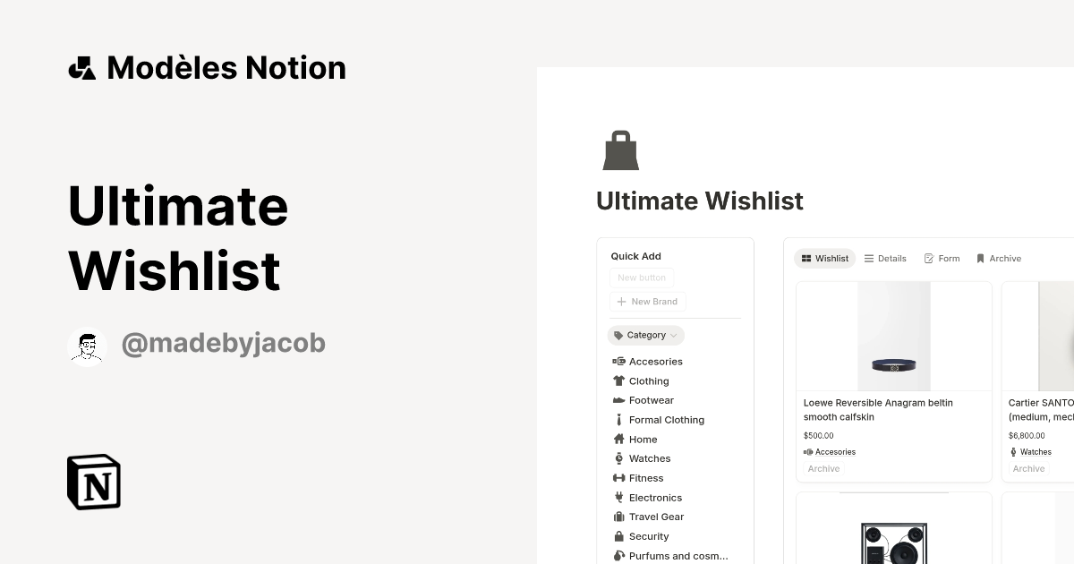 Ultimate Wishlist | Modèle créé par Made by Jacob | Marketplace Notion