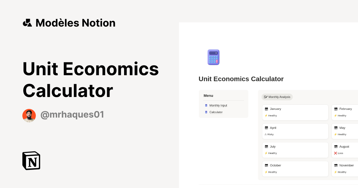 Unit Economics Calculator | Modèle créé par Mr. Haque | Marketplace Notion