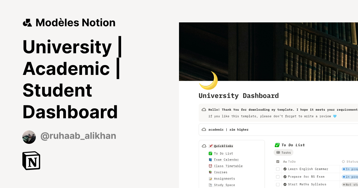 Modèle University | Academic | Student Dashboard | Marketplace Notion