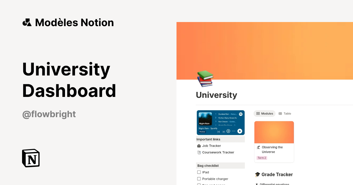 University Dashboard | Modèle créé par Flowbright | Marketplace Notion