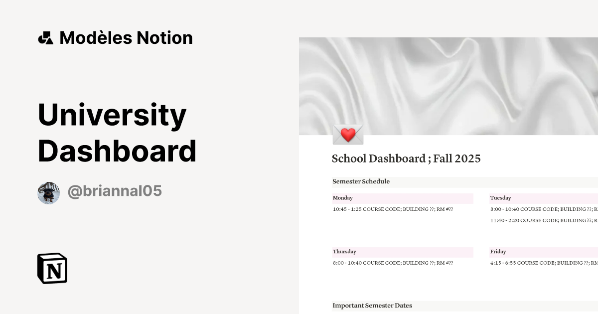 University Dashboard | Modèle créé par brianna | Marketplace Notion