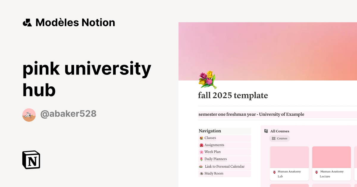 Modèle pink university hub | Marketplace Notion