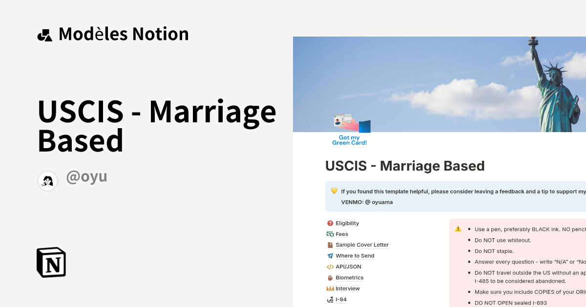 USCIS - Marriage Based | Modèle créé par Oyu | Marketplace Notion