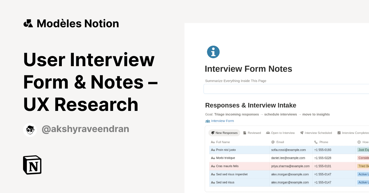 User Interview Form & Notes – UX Research | Modèle créé par Akshay ...