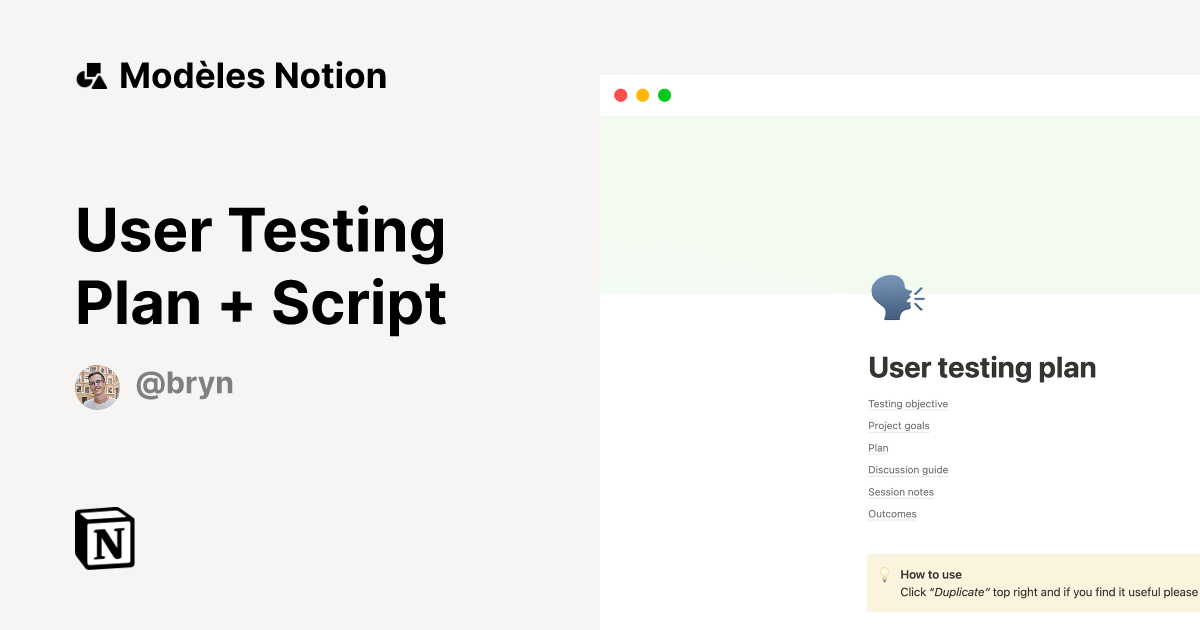 Modèle User Testing Plan + Script | Marketplace Notion