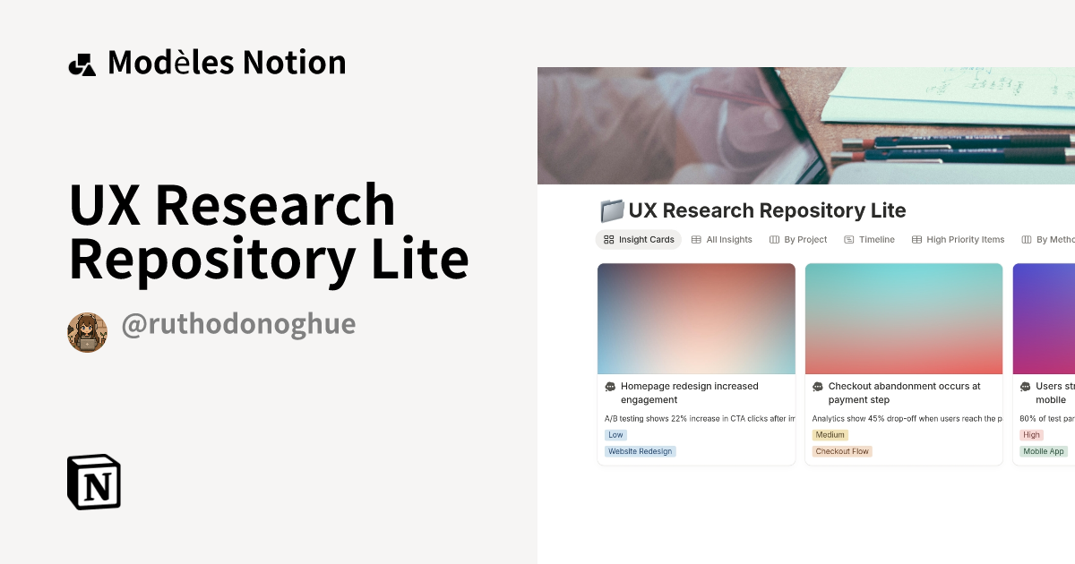 UX Research Repository Lite | Modèle créé par Ruth | Marketplace Notion